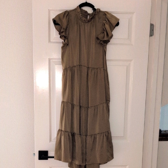Pinch | Dresses | Pinch Satin Ruffled Dress In Olive Green Or Old Gold ...